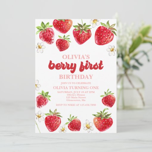Strawberry Berry First Birthday Invitation | Zazzle