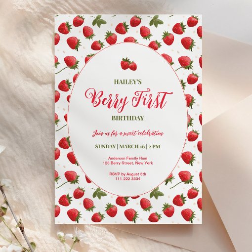 Strawberry Berry First Birthday Party Invitation | Zazzle