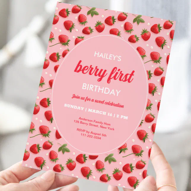 Strawberry Berry First Birthday Party Invitation | Zazzle