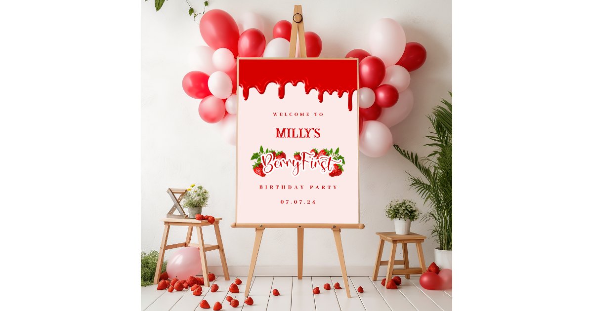 Strawberry Berry First Birthday Welcome Sign | Zazzle