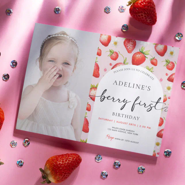 Strawberry Berry First Cute 1st Birthday Photo Invitation | Zazzle