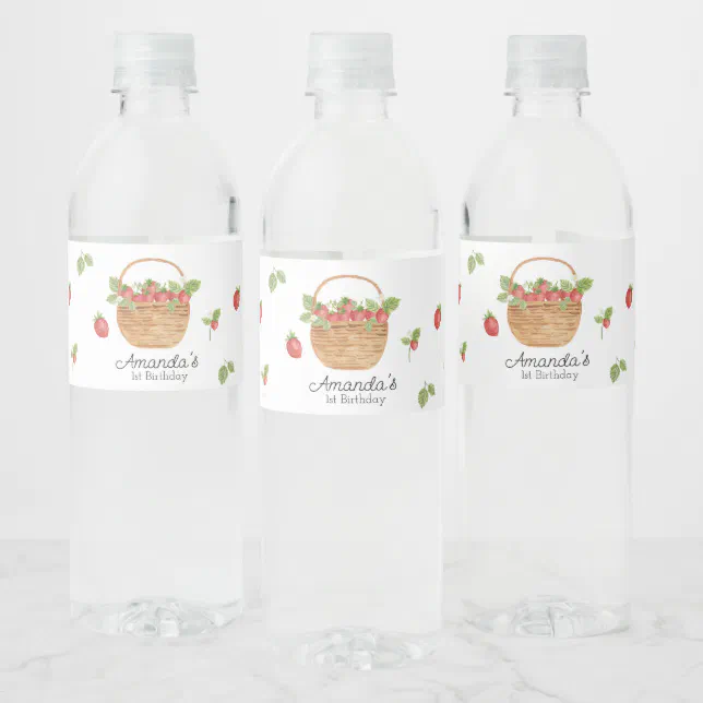 Strawberry Berry First Girl 1st Birthday Party Water Bottle Label | Zazzle