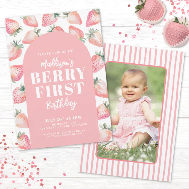 Strawberry Berry First Photo 1st Birthday Party Invitation | Zazzle