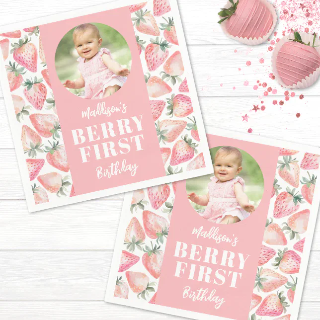 Strawberry Berry First Photo 1st Birthday Party Napkins | Zazzle