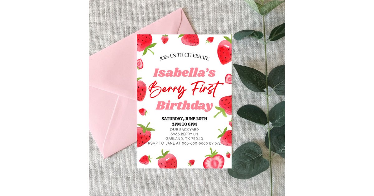 Strawberry Berry First Pink Red 1st Birthday Party Invitation | Zazzle