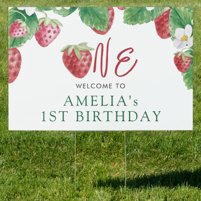 Strawberry Berry Sweet Baby First Birthday Sign | Zazzle