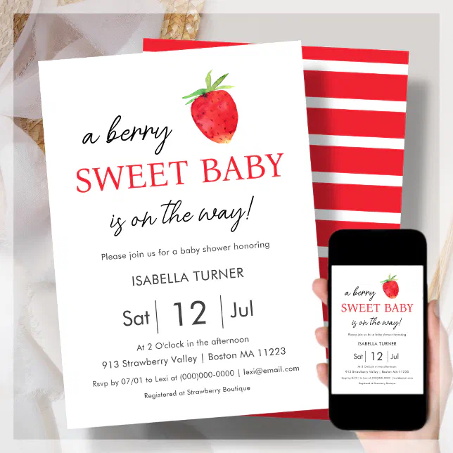 Strawberry | Berry Sweet Baby Shower Invitation | Zazzle