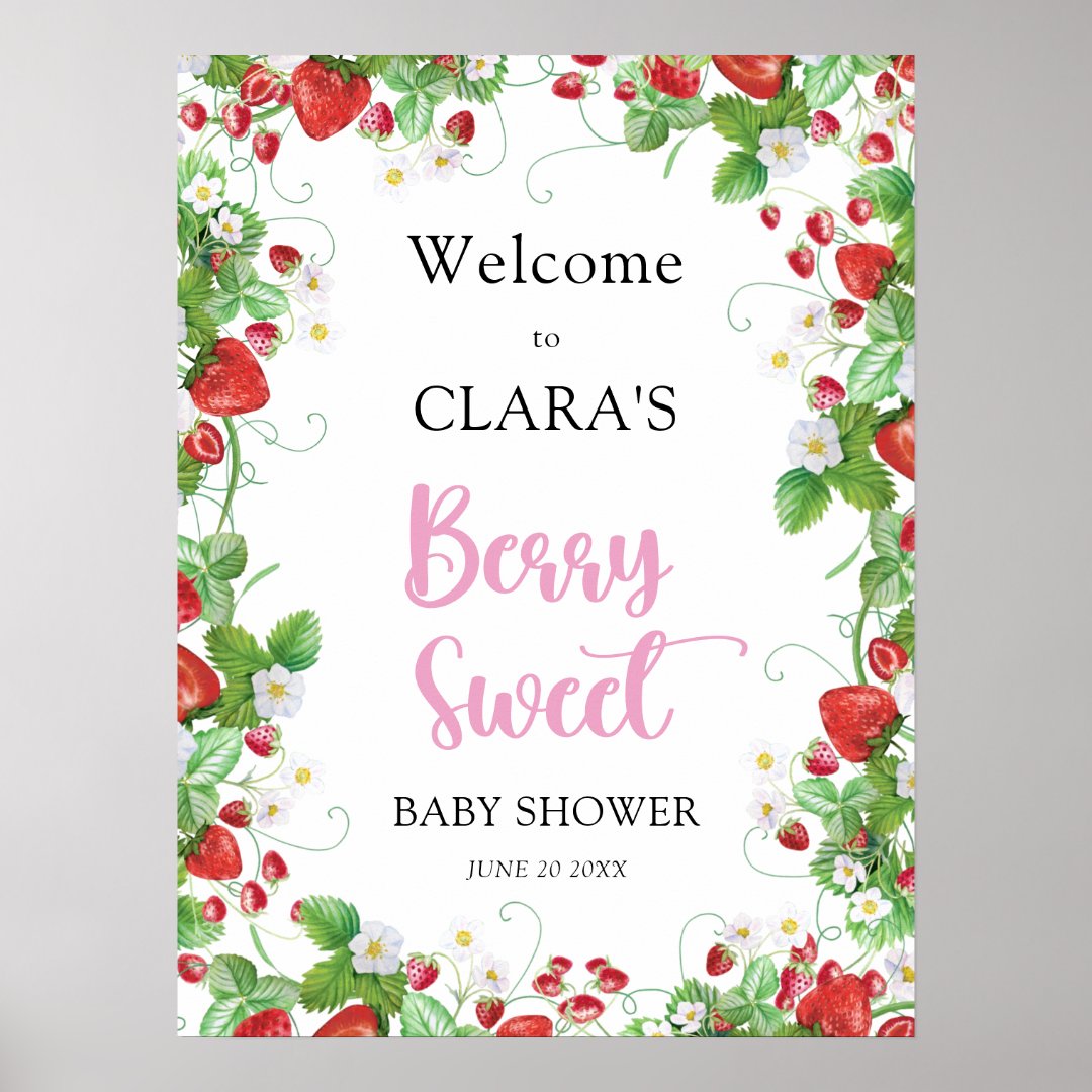 Strawberry Berry Sweet Baby Shower Welcome Poster | Zazzle