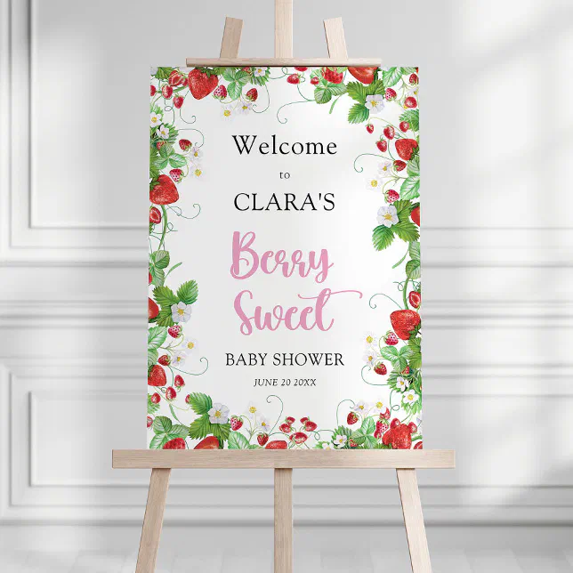 Strawberry Berry Sweet Baby Shower Welcome Poster | Zazzle