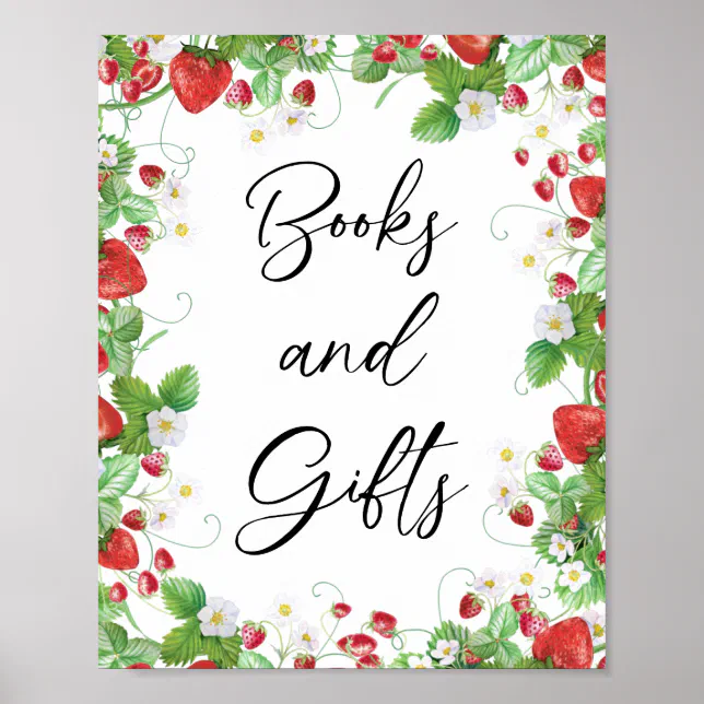 Strawberry Berry Sweet | Books & Gifts Baby Shower Poster | Zazzle