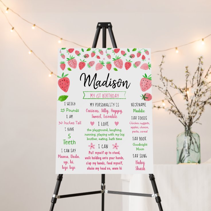 Strawberry Berry Sweet First Birthday Milestone Foam Board | Zazzle