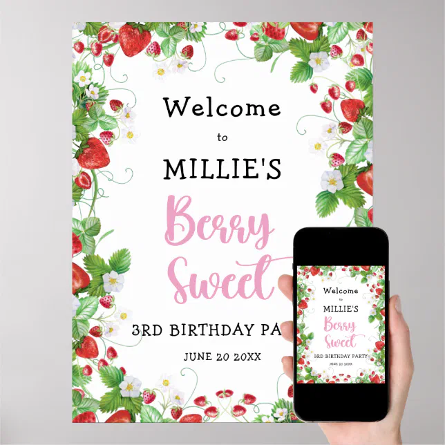 Strawberry Berry Sweet Kids Birthday Party Welcome Poster | Zazzle
