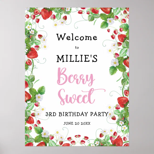 Strawberry Berry Sweet Kids Birthday Party Welcome Poster | Zazzle