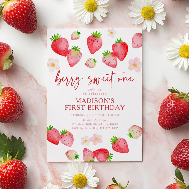Strawberry Berry Sweet One First Birthday Invitation | Zazzle