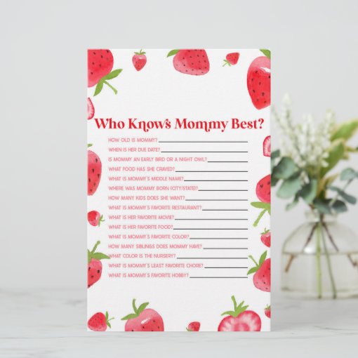 Strawberry Berry Who Knows Mommy Baby Shower Game Stationery | Zazzle