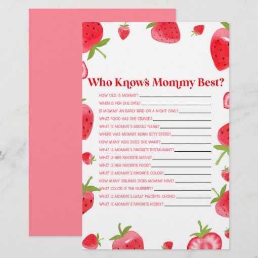 Strawberry Berry Who Knows Mommy Baby Shower Game Stationery | Zazzle