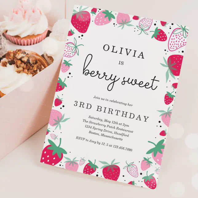 Strawberry Birthday Berry Sweet Birthday Party Invitation | Zazzle