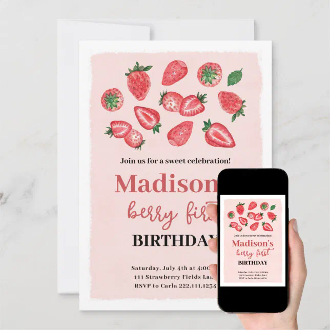 Strawberry Birthday Invitation, Berry Sweet Party Invitation | Zazzle