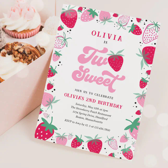 Strawberry Birthday Two Sweet Berry Birthday Party Invitation | Zazzle