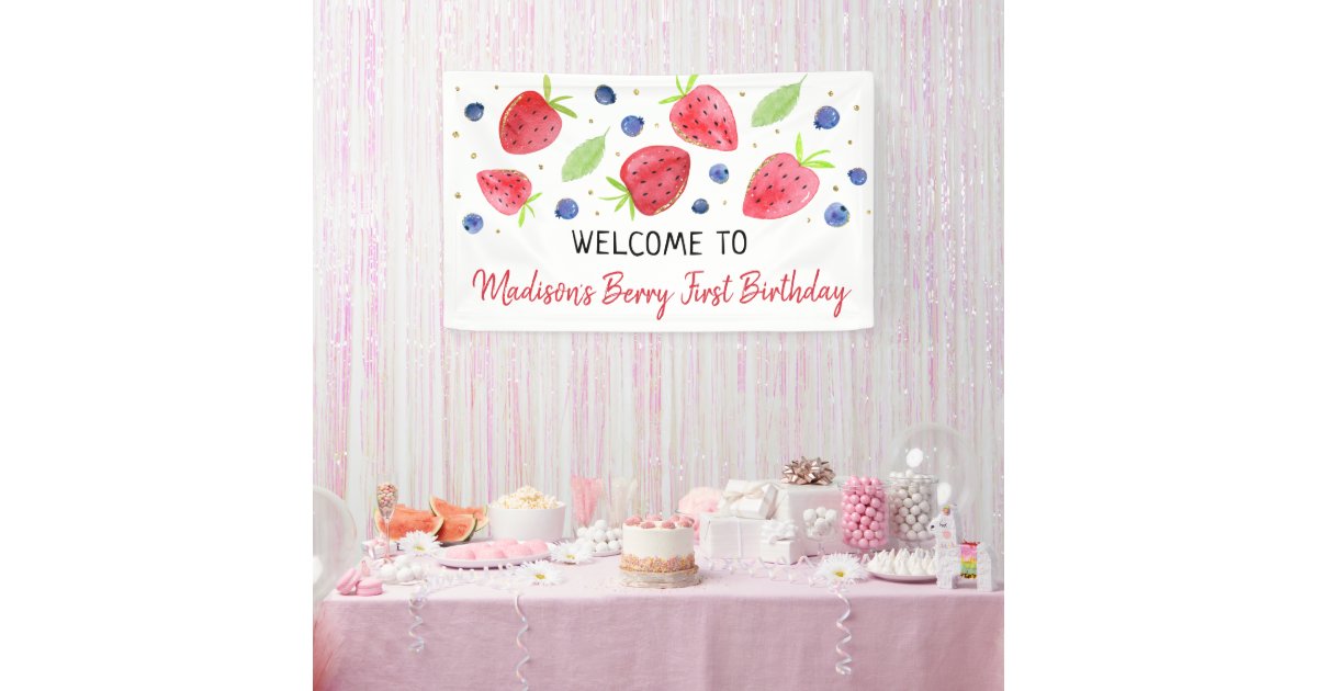 Strawberry Blueberry Berry Sweet Birthday Banner | Zazzle