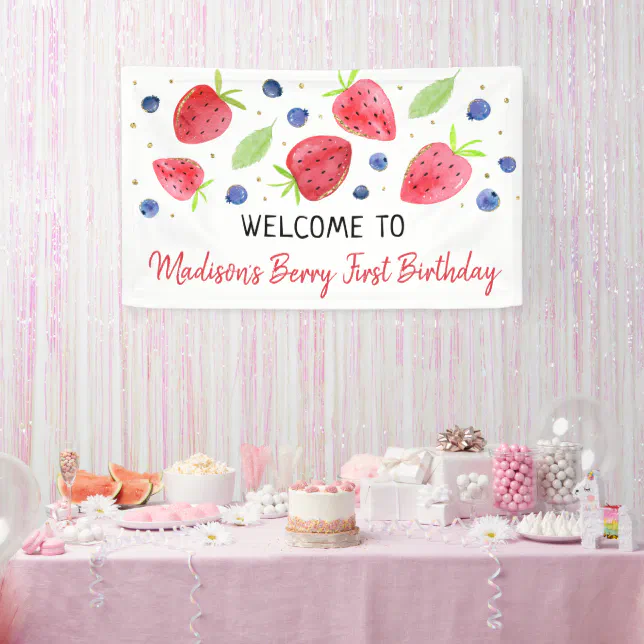 Strawberry Blueberry Berry Sweet Birthday Banner | Zazzle