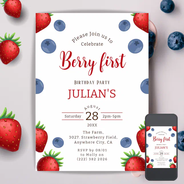 Strawberry & Blueberry Girl First Berry Birthday Invitation | Zazzle