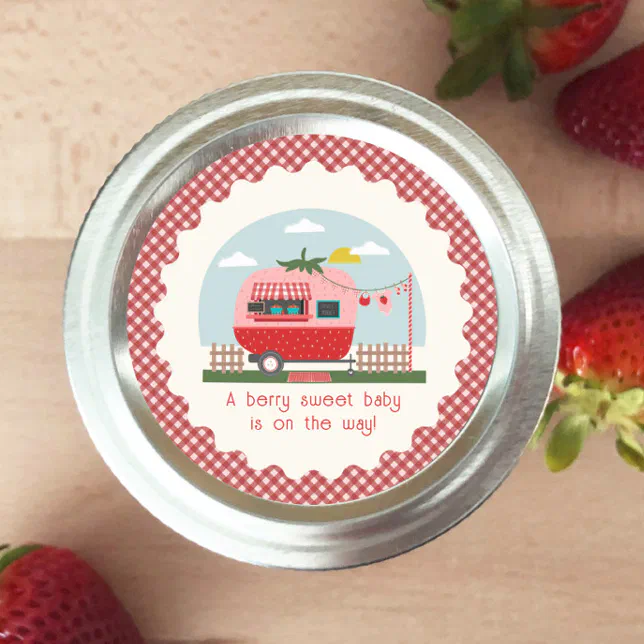 Strawberry Camper Gingham Berry Sweet Baby Shower Classic Round Sticker ...