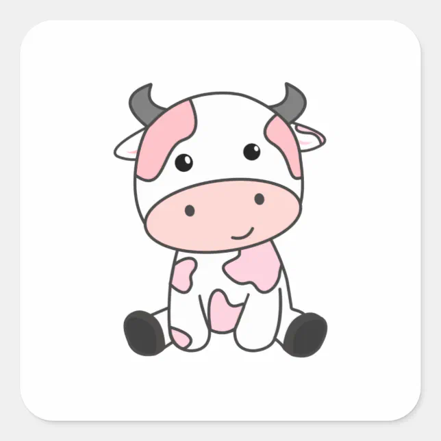Strawberry Cow Cute Pink Strawberry Cow Kawaii Square Sticker | Zazzle