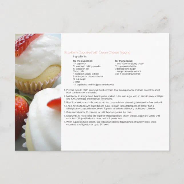 Strawberry Cupcakes Recipe Card Postcard | Zazzle