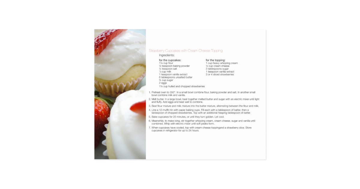 Strawberry Cupcakes Recipe Card Postcard | Zazzle.com