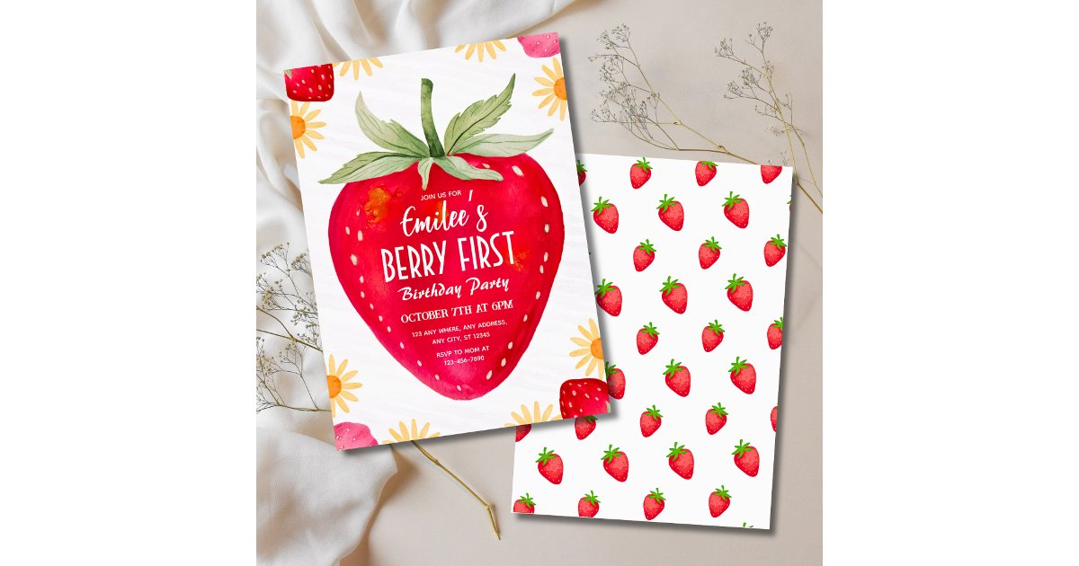 Strawberry & Daisy Berry First Birthday Invitation | Zazzle