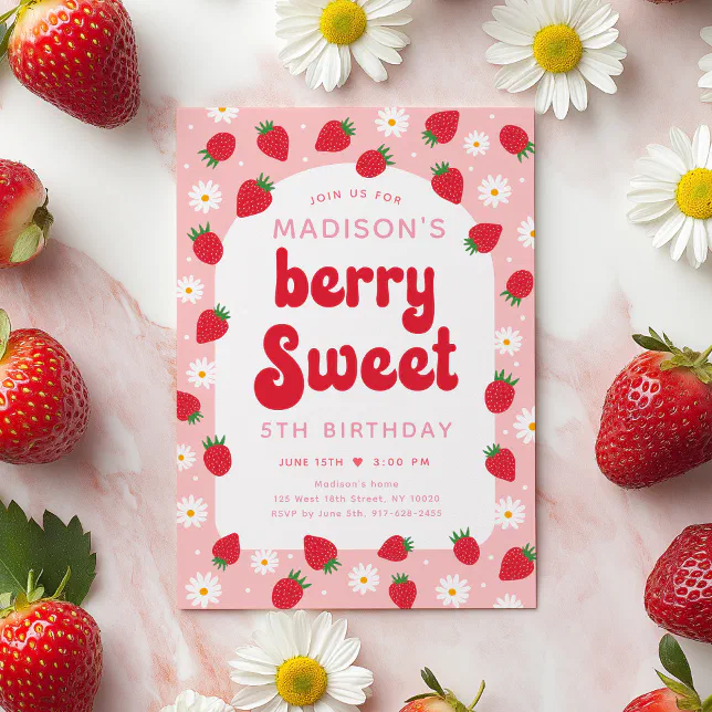 Strawberry Daisy Berry Sweet Birthday Invitation | Zazzle