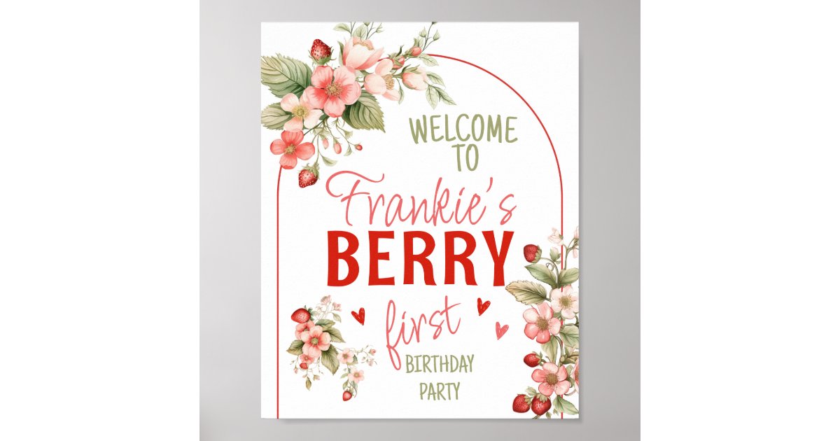 Strawberry First Berry Birthday Welcome Sign | Zazzle