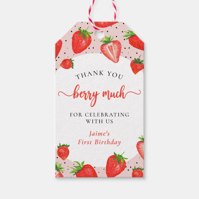 Strawberry First Birthday Thank You Berry Much Gift Tags | Zazzle