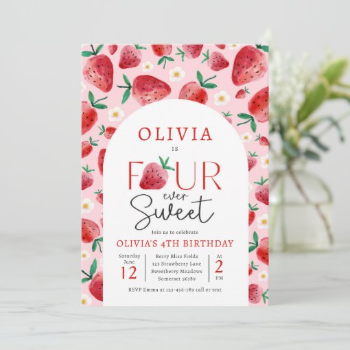 Strawberry Four Ever Sweet Berry 4th Birthday Invitation | Zazzle