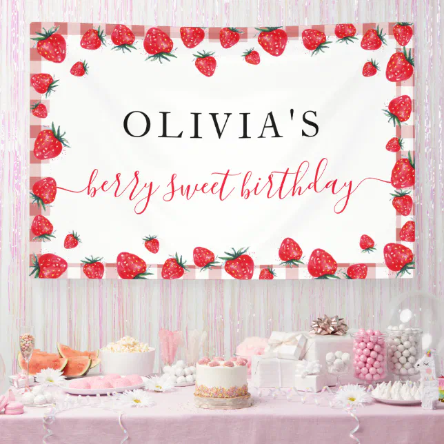 Strawberry Gingham Birthday Party Large Banner | Zazzle