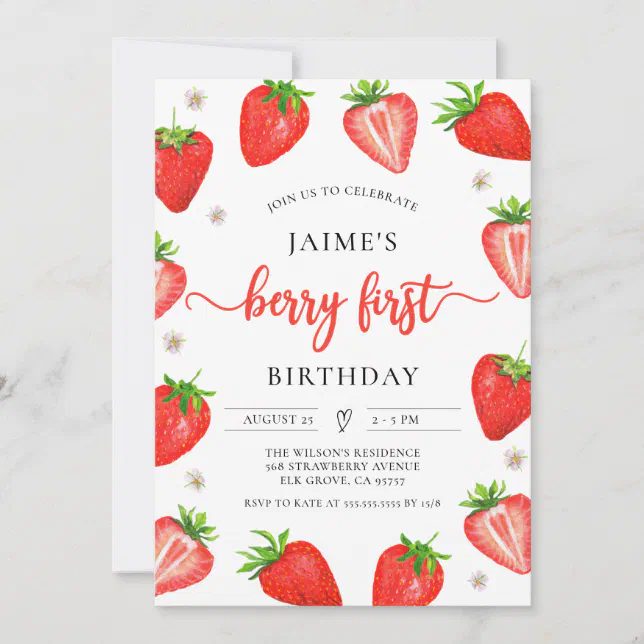 Strawberry Girl 1st Birthday | First Berry Sweet Invitation | Zazzle