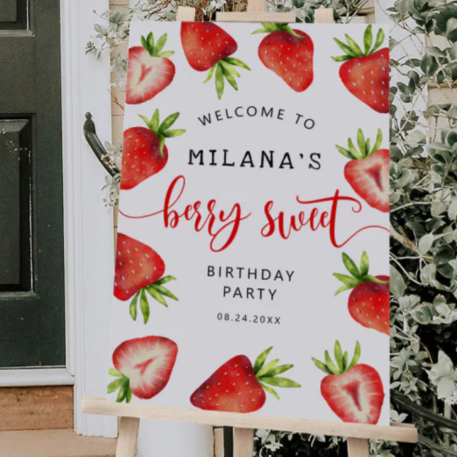 Strawberry Girl Birthday Berry Sweet Welcome Sign | Zazzle
