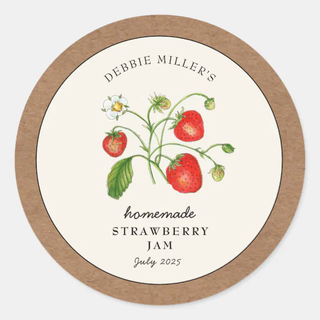 Strawberry Jam Jar Kraft paper border Classic Round Sticker | Zazzle