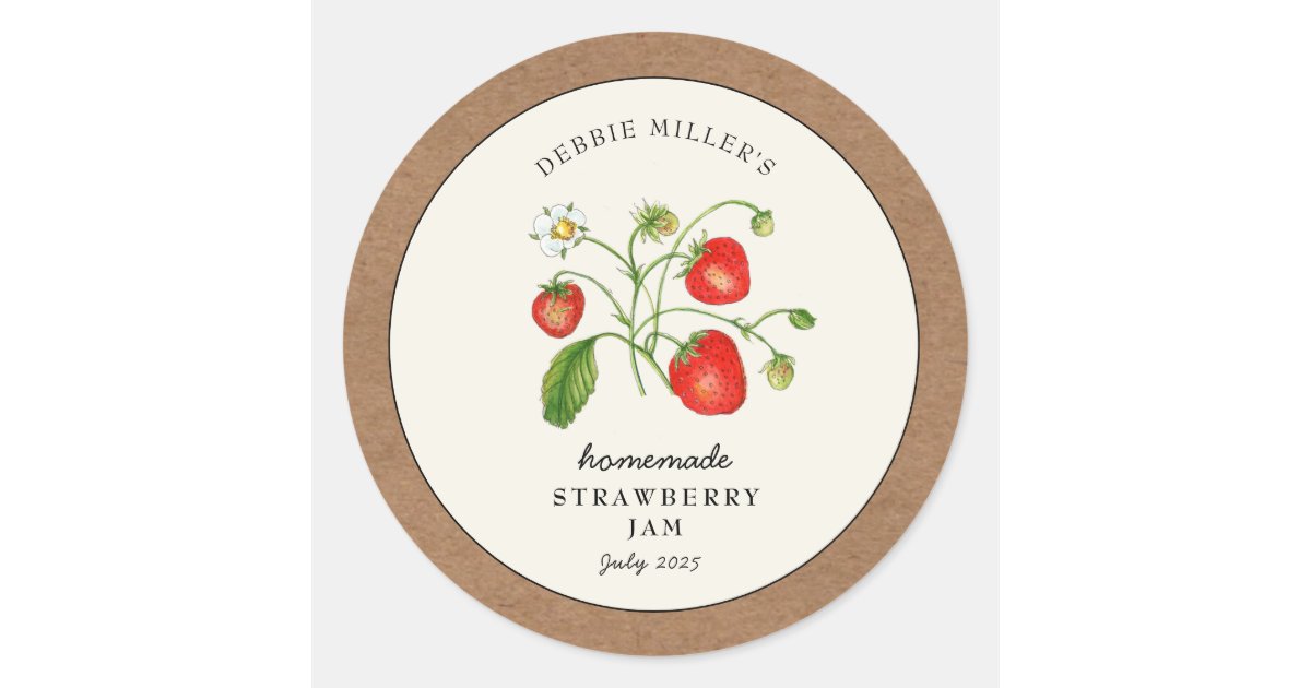 Strawberry Jam Jar Kraft paper border Classic Round Sticker | Zazzle