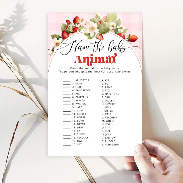 Strawberry Name the baby animal baby shower game | Zazzle