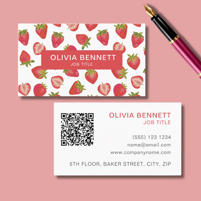 Strawberry Pattern Colorful QR Code Business Card | Zazzle