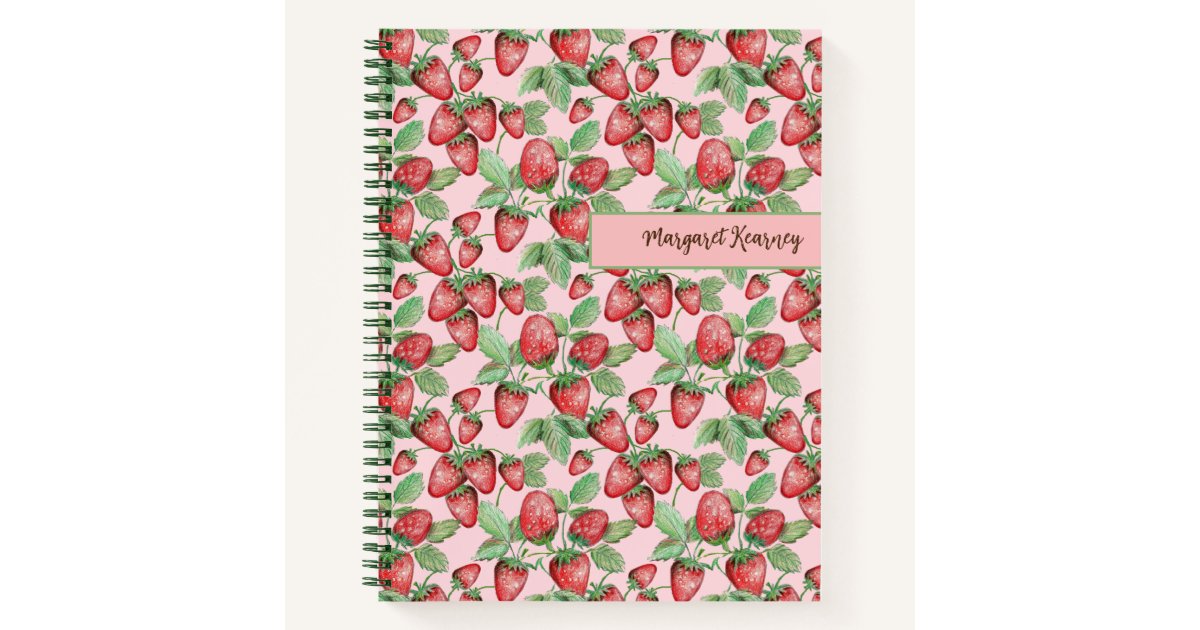 Strawberry Pattern Personalized Pink Cottagecore Notebook | Zazzle