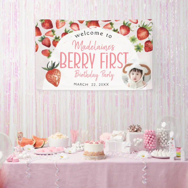 Strawberry Photo Welcome Berry First Birthday Banner | Zazzle