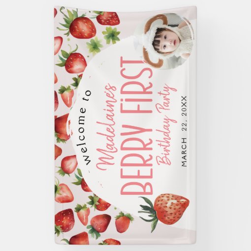 Strawberry Photo Welcome Berry First Birthday Banner | Zazzle