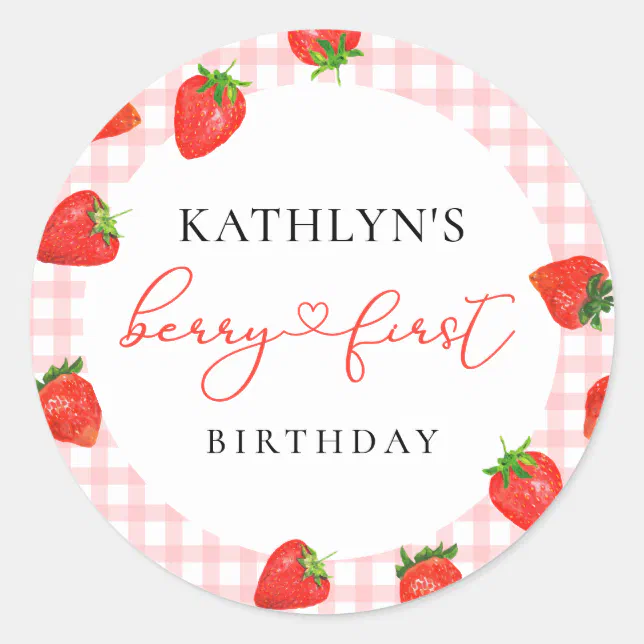 Strawberry Pink Berry First Plaid Gingham Birthday Classic Round ...