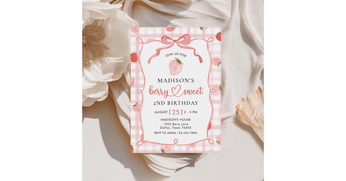Strawberry Pink Gingham 2nd Birthday Party Invitation | Zazzle