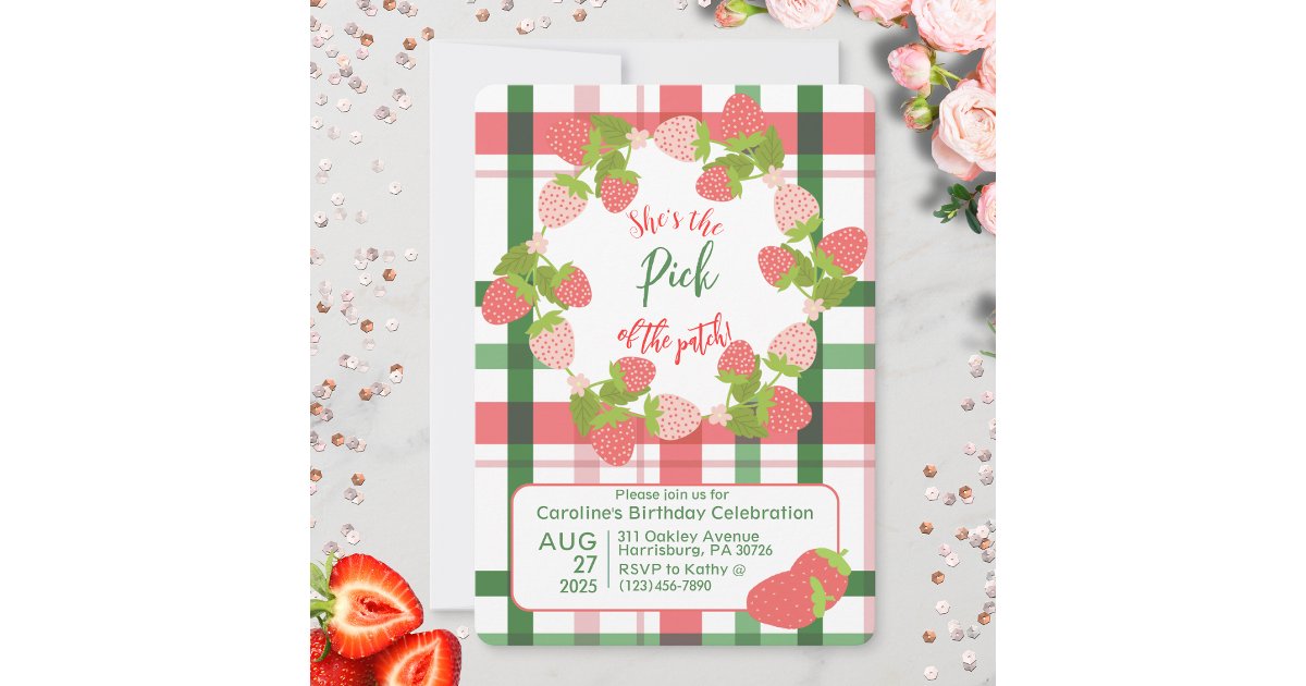 Strawberry Pink Green Plaid Birthday Invitation | Zazzle