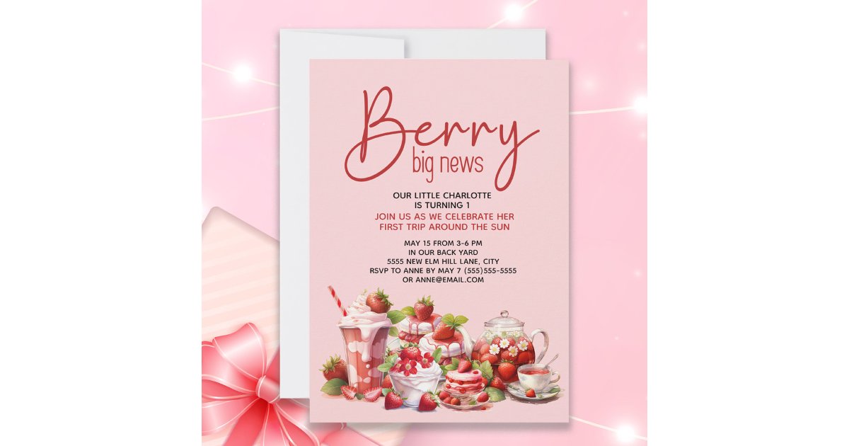 Strawberry Pink Red Berry 1st Birthday Invitation | Zazzle