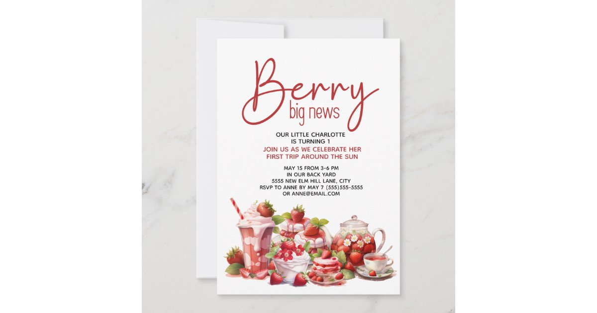 Strawberry Pink Red Berry White 1st Birthday Invitation | Zazzle
